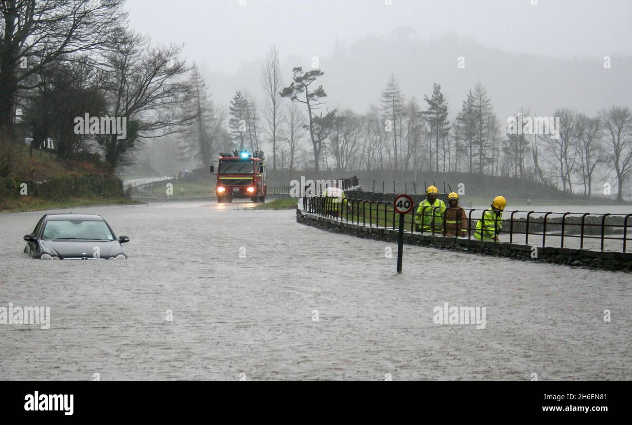 Flooding in Grasmere, Cumbria after 18 hours of heavy rain Stock Photo ...