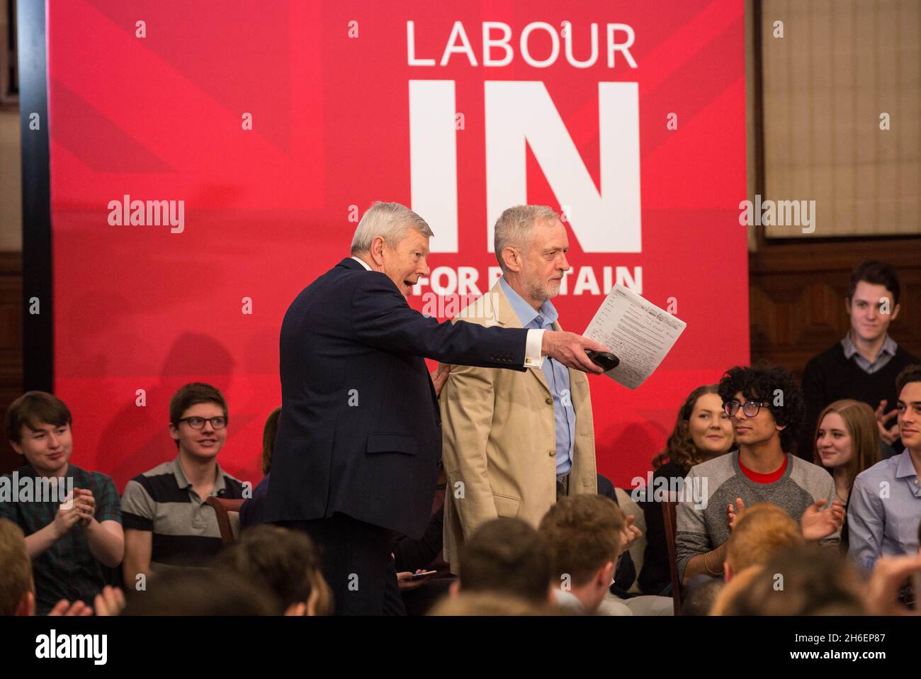 Labour leader Jeremy Corbyn with Alan Johnson as he delivers his first ...
