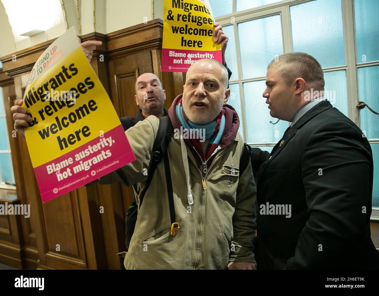 Anti racist protesters at the UKIP Election campaign in westminster ...
