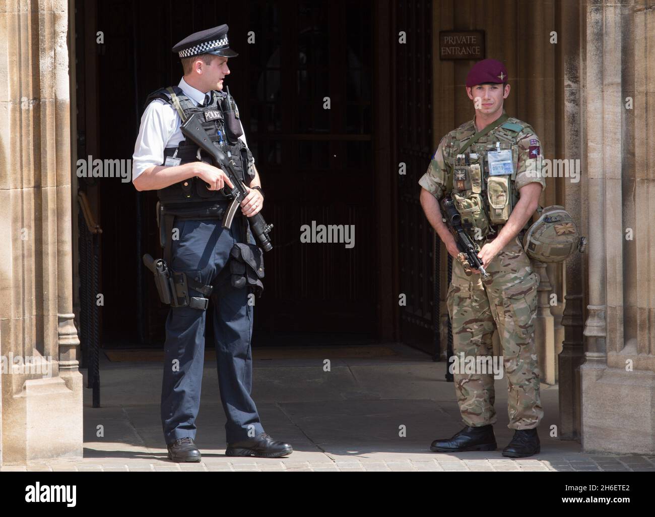 A Para soldier and armed police officers pictured guarding the House of ...