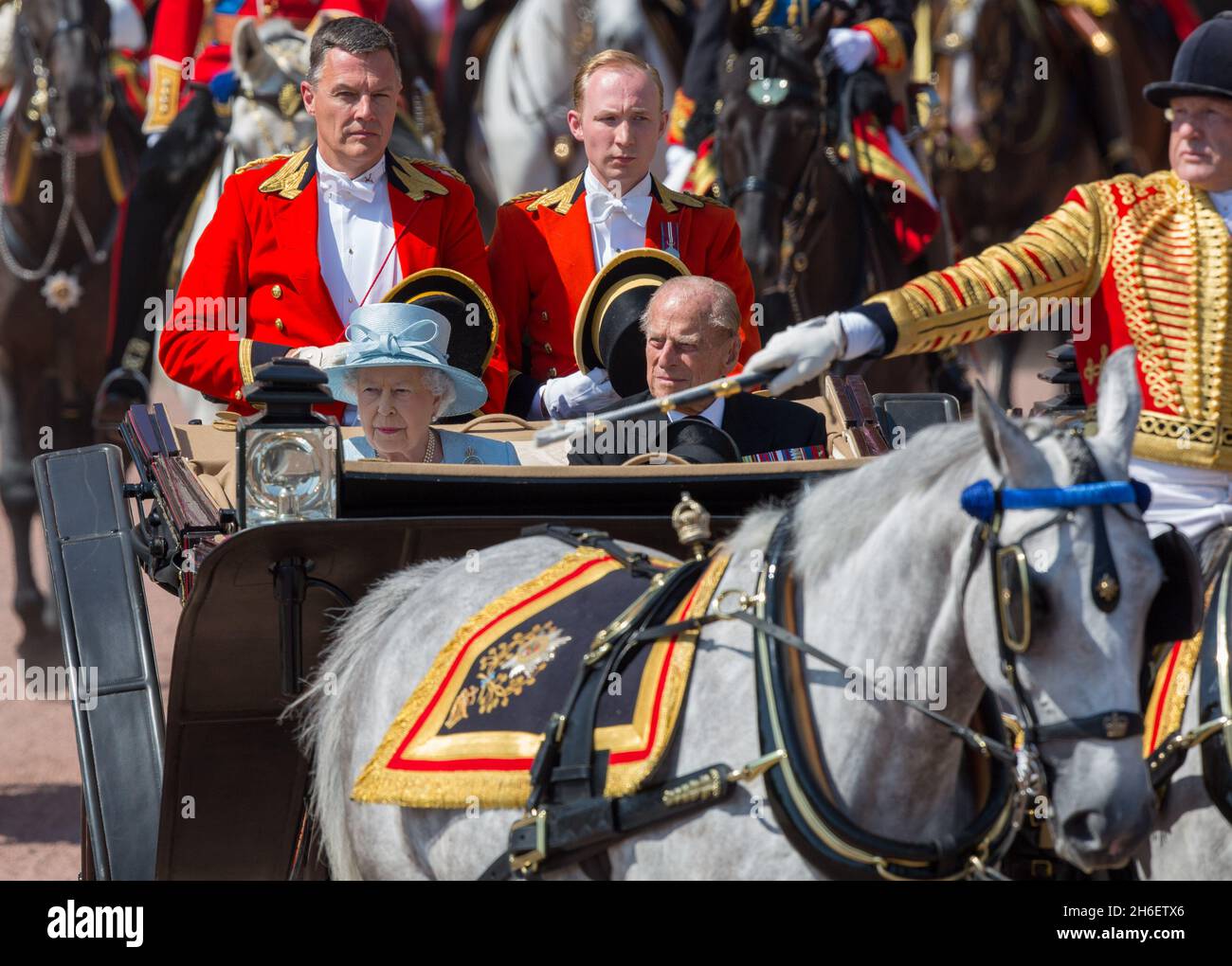 The Queen and the Duke of Edinburgh attending Trooping the Colour on ...