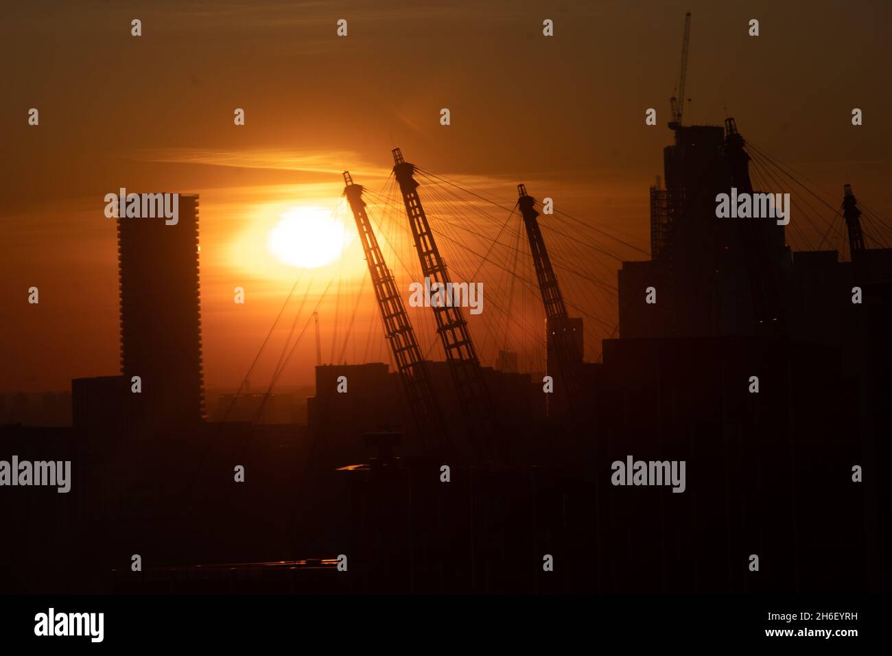 The sunset over the The O2 arena in London after the hottest February ...
