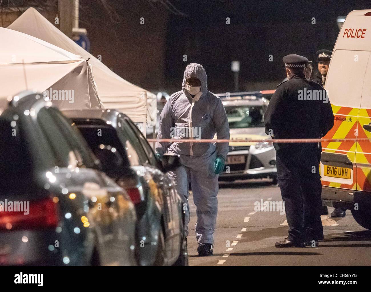 Police at the scene near North Birkbeck Road in Leyton, east London ...