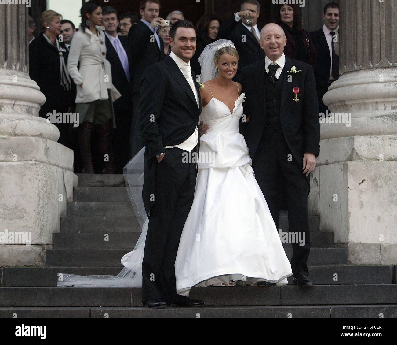 New bride Lucy Davis with her husband Owain and father Jasper Carrot ...