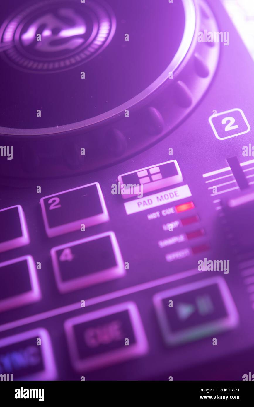 Dj turntables in nightclub electronic music house disco party lights ...