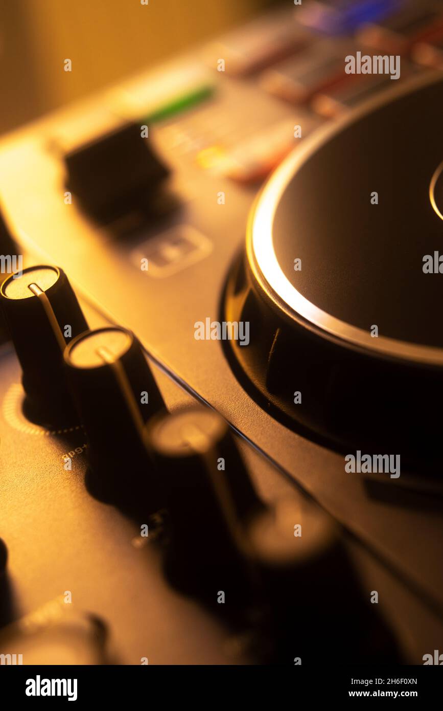 Dj turntables in nightclub electronic music house disco party lights ...