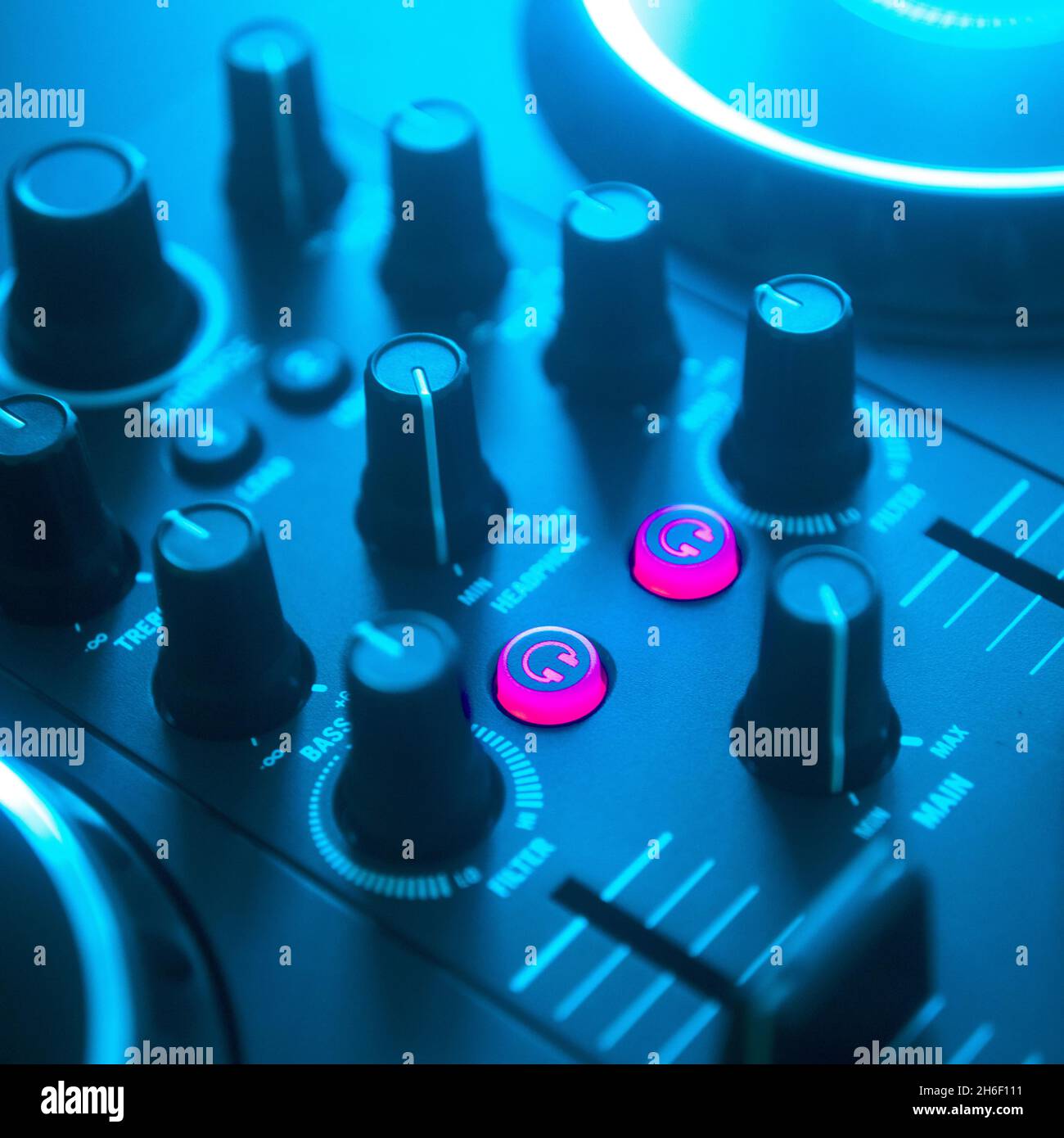 Deejay mixing desk turntables party nightclub disco lights square album ...