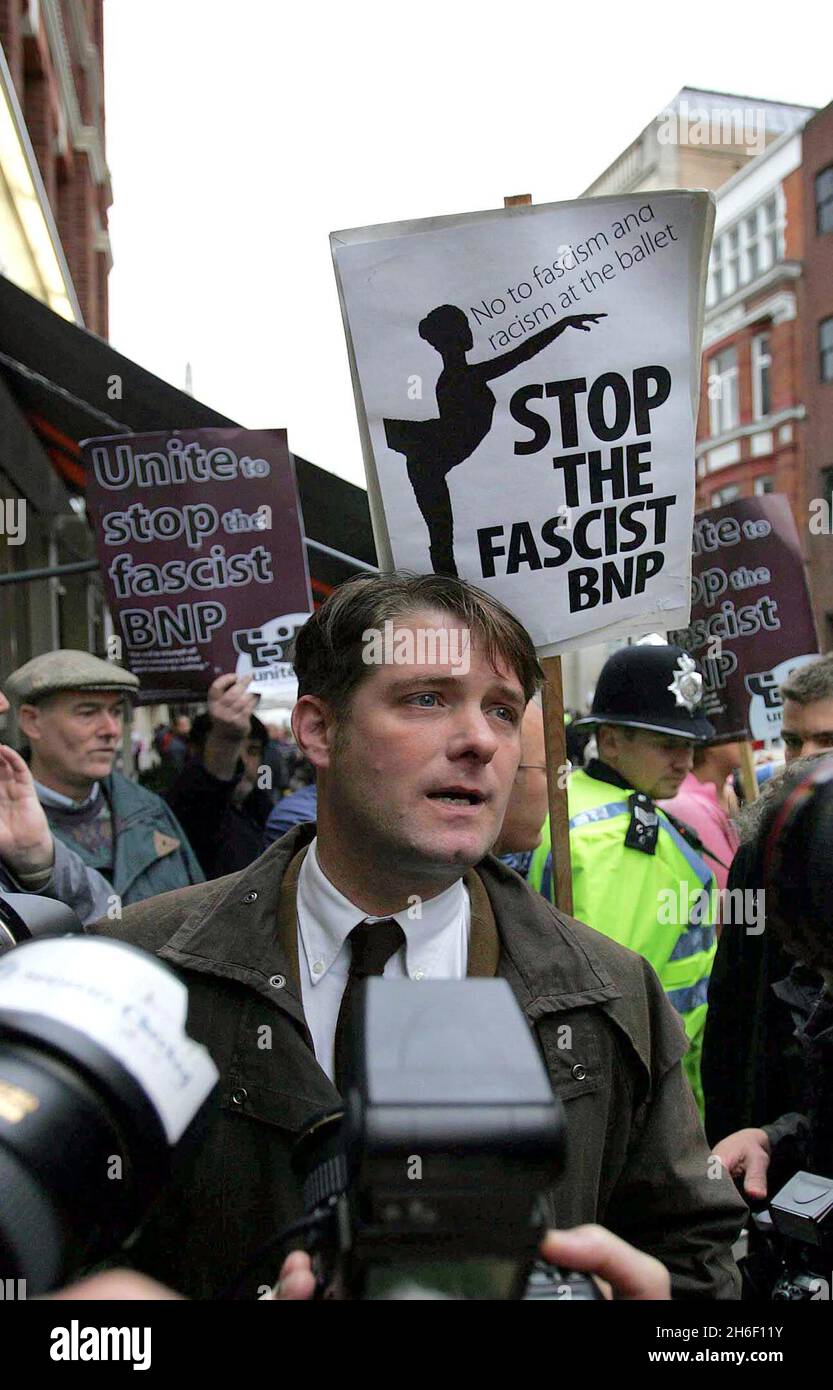BNP member Richard Barnbrook is taken into the London Coliseum via the ...