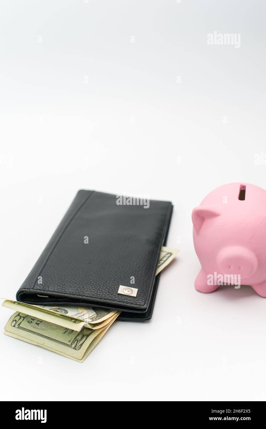 luxury wallet and pink still bank and dollars roll on a white ...