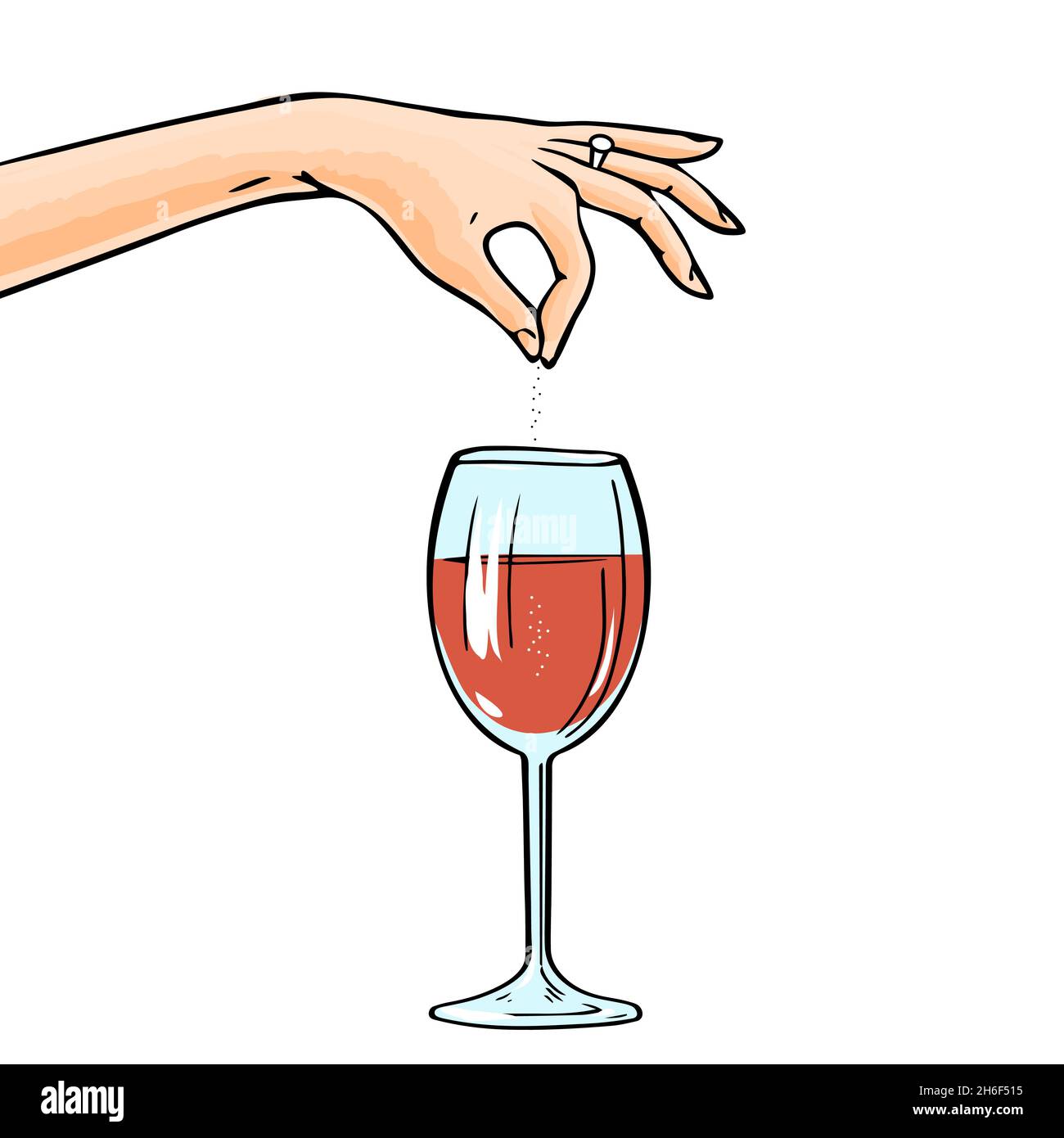 A woman hand pours poison or sleeping pills into a glass of wine ...