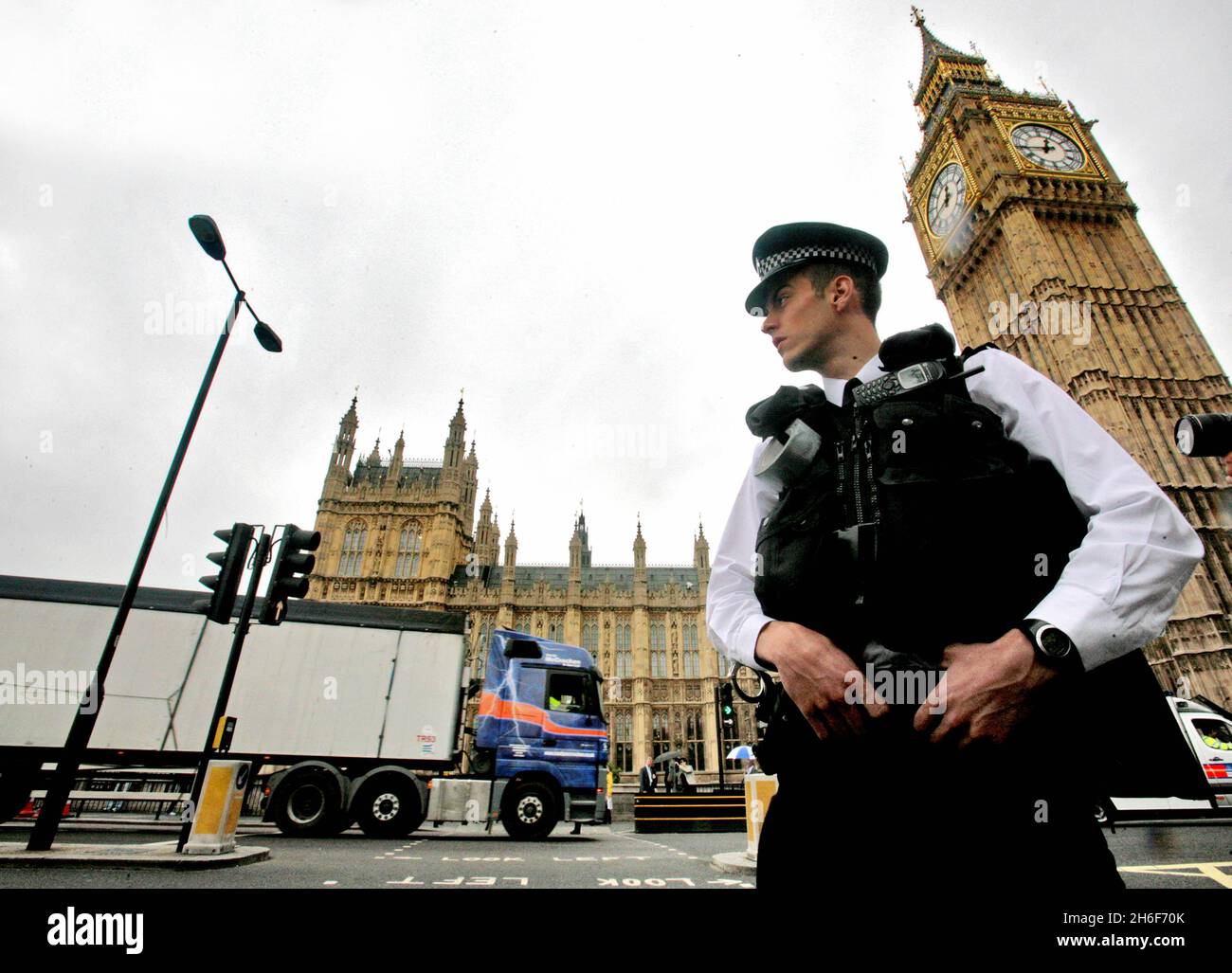 A Police Officer looks on as Lorry drivers and hauliers demonstrate in ...