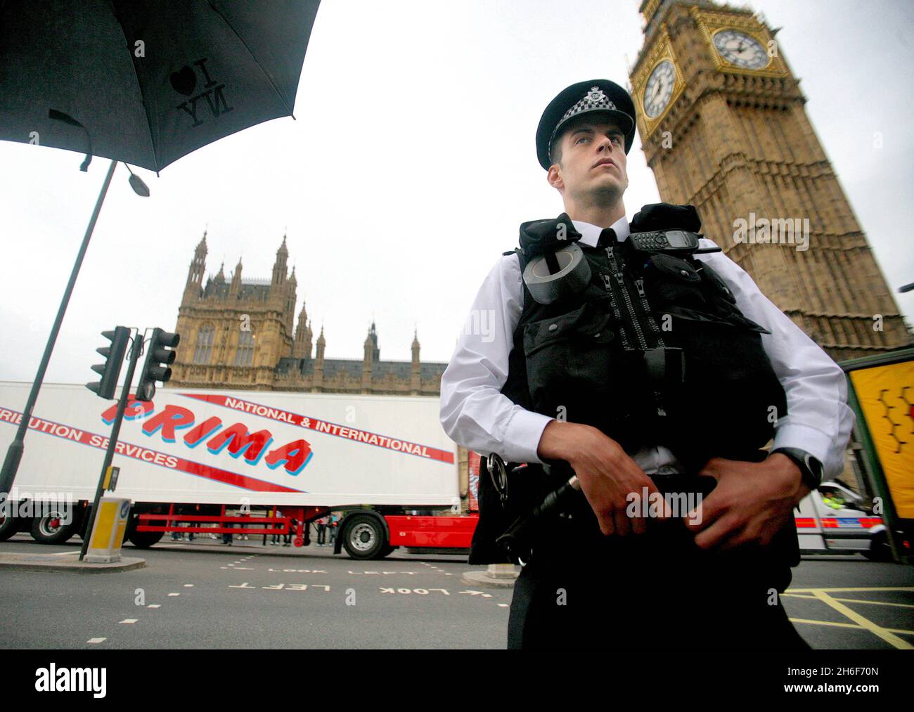 A Police Officer looks on as Lorry drivers and hauliers demonstrate in ...