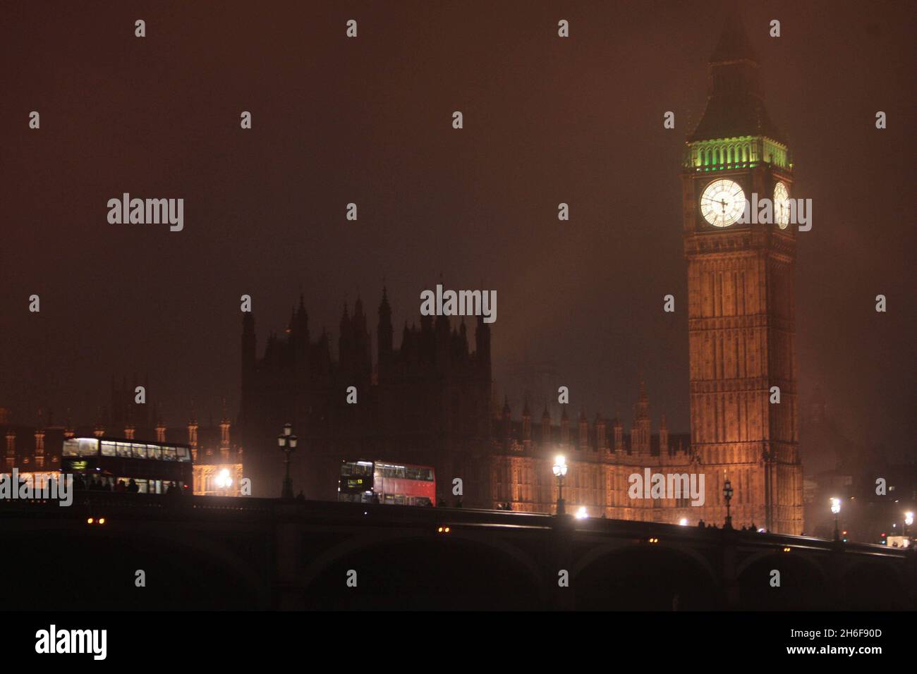 Fog covered London landmarks including Tower Bridge and Big Ben in ...