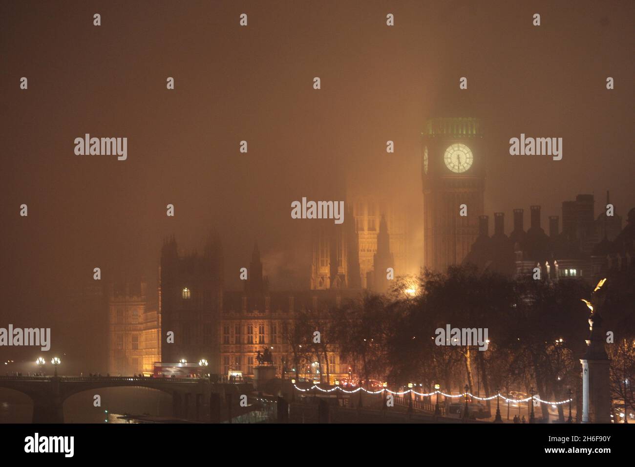 Fog covered London landmarks including Tower Bridge and Big Ben in ...