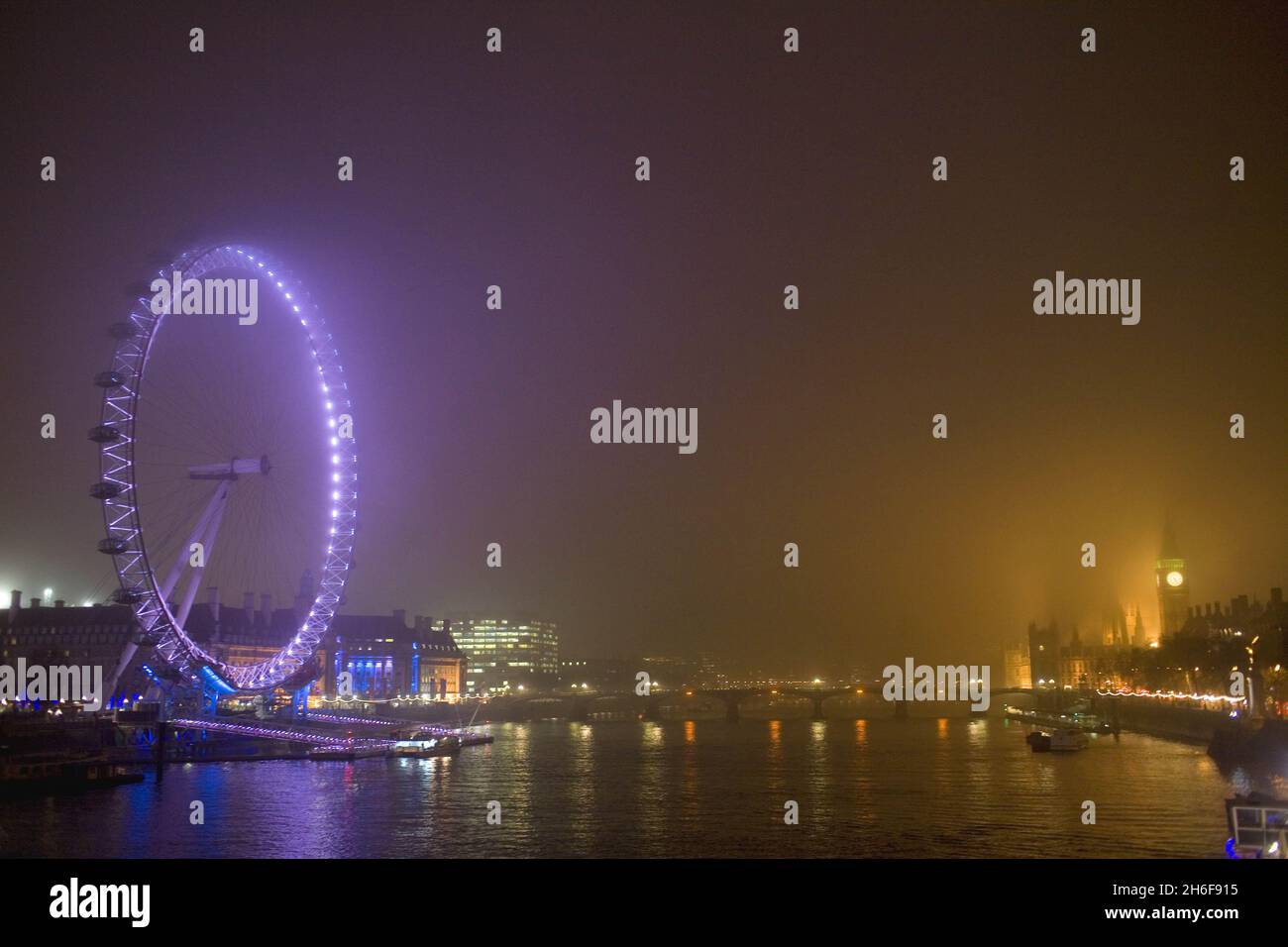 Fog covered London landmarks including Tower Bridge and Big Ben in ...