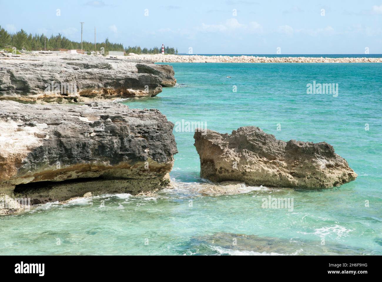 The scenic view of eroded Grand Bahama island shore and green color ...