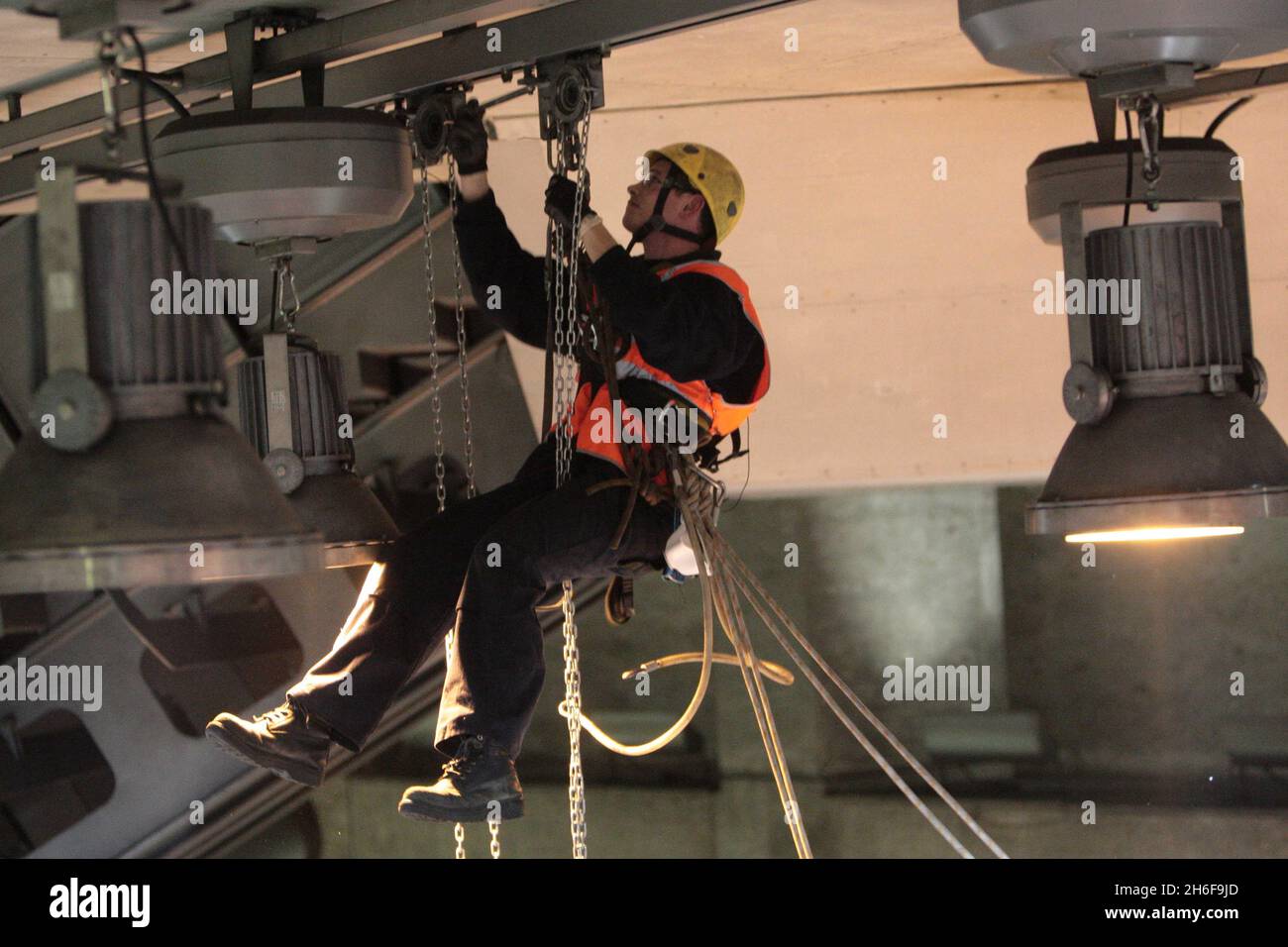 A team of abseilers clean Westminster Tube Station. The team of ...