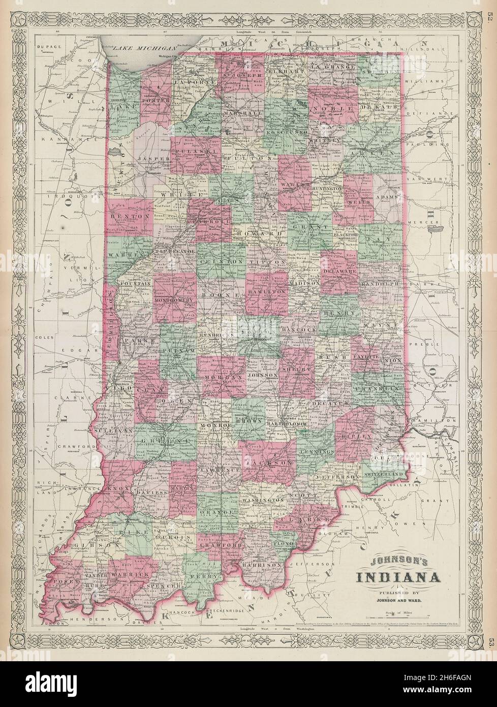 Indiana Antique Map Johnson 1865 Original Globes & Maps Home & Living ...