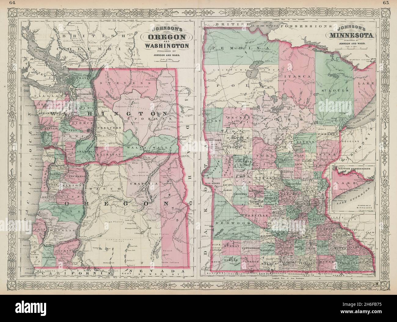 Johnson's Oregon, Washington & Minnesota. US state map showing counties ...