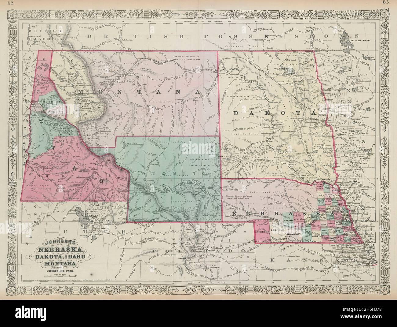 Johnson's Nebraska, Dakota, Idaho and Montana 1865 old antique map plan ...