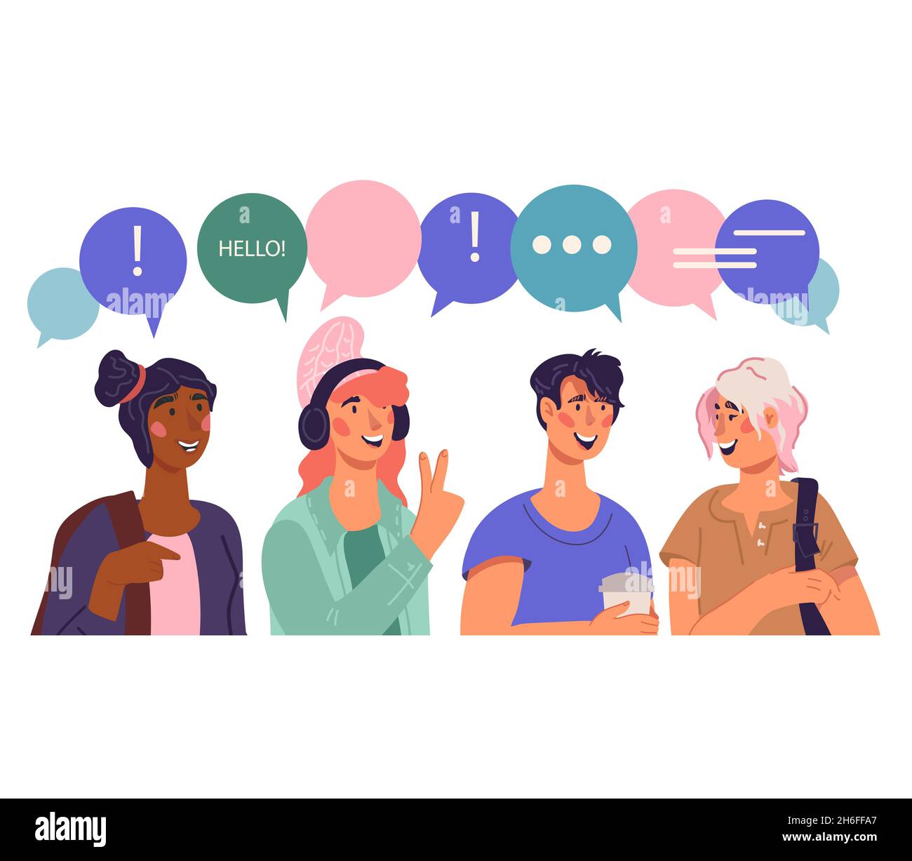 Communicating people with speech bubbles above their heads ...