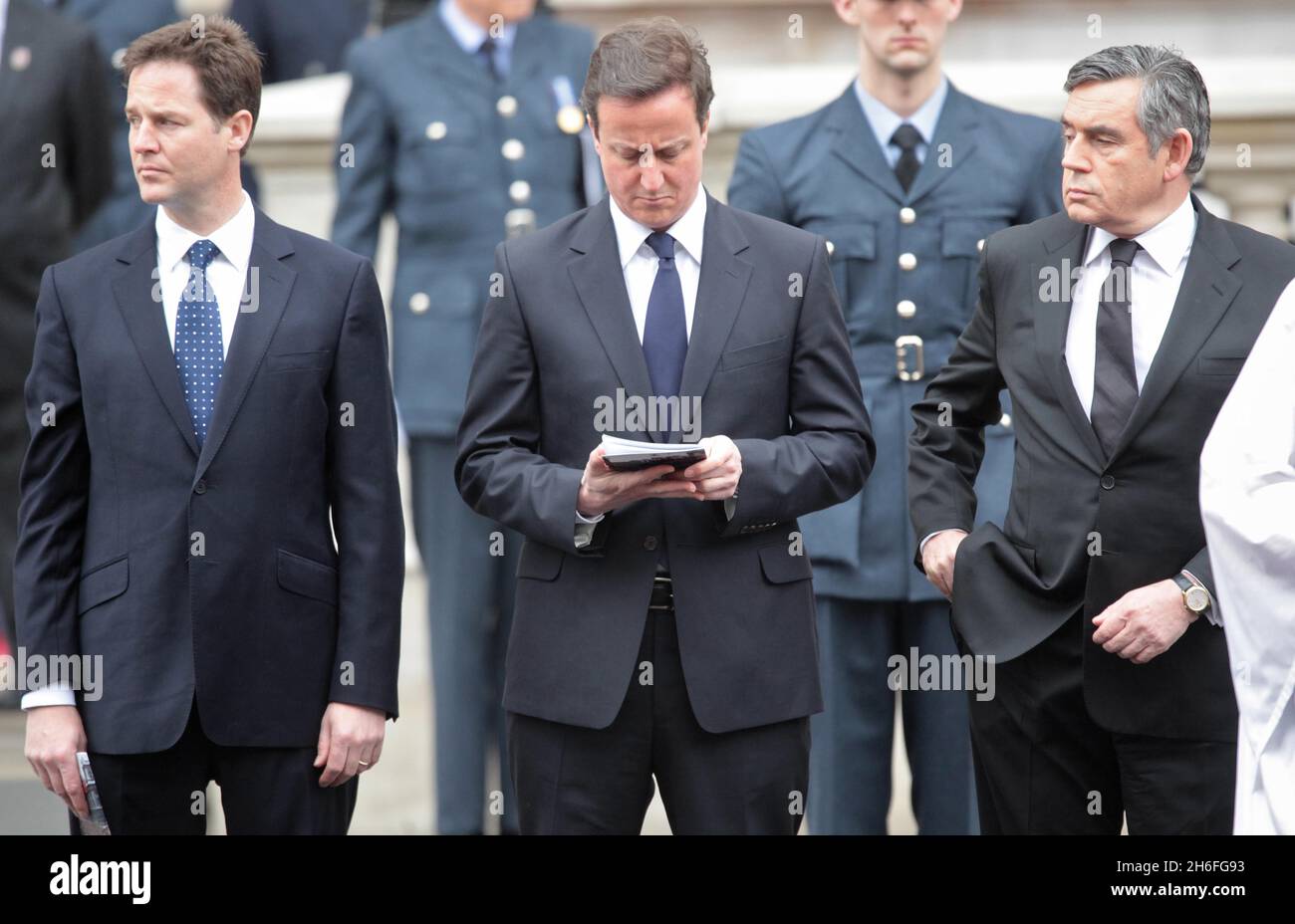 David Cameron, Nick Clegg and Gordon Brown pictured together during VE ...