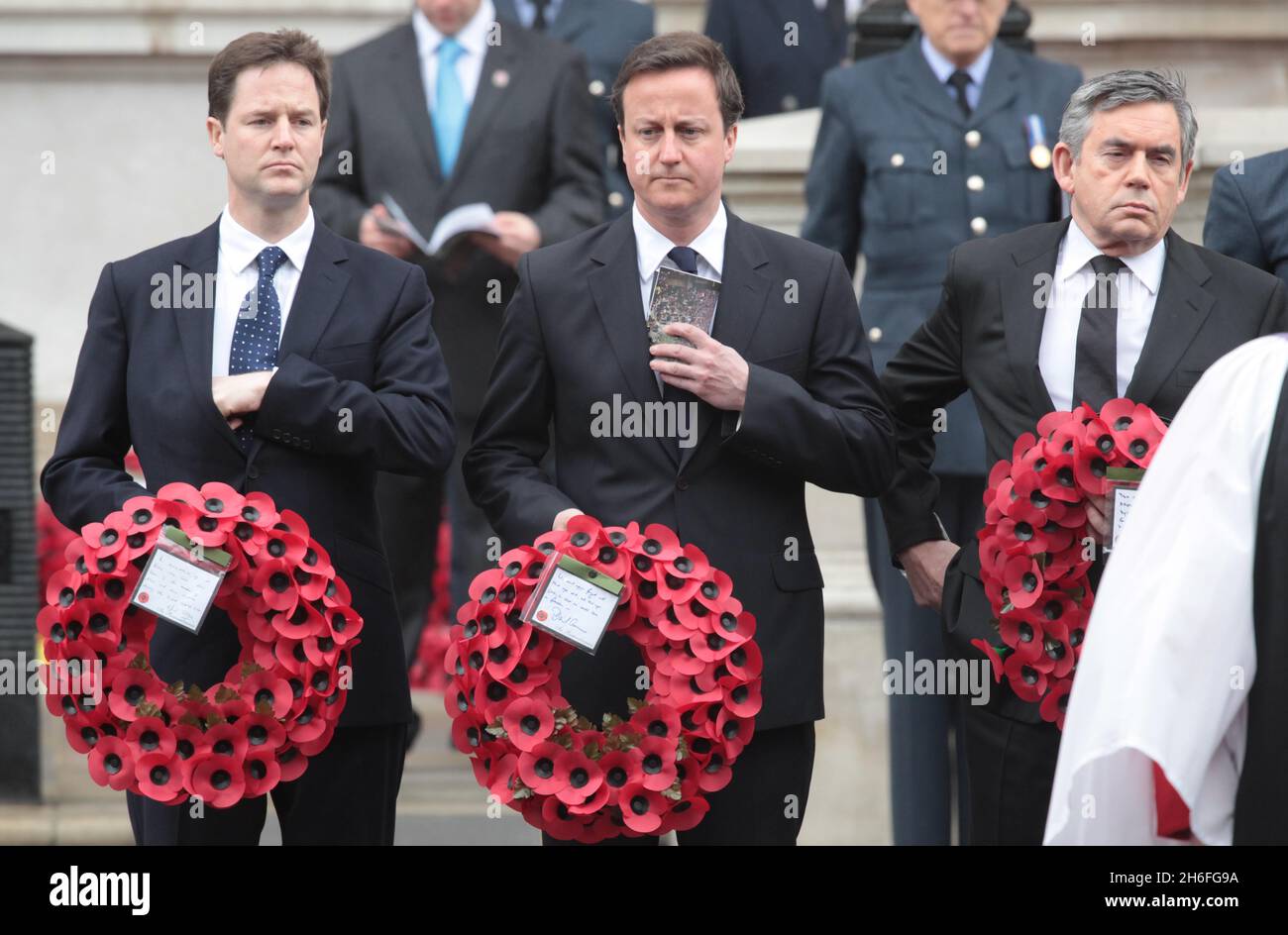David Cameron, Nick Clegg and Gordon Brown pictured together during VE ...