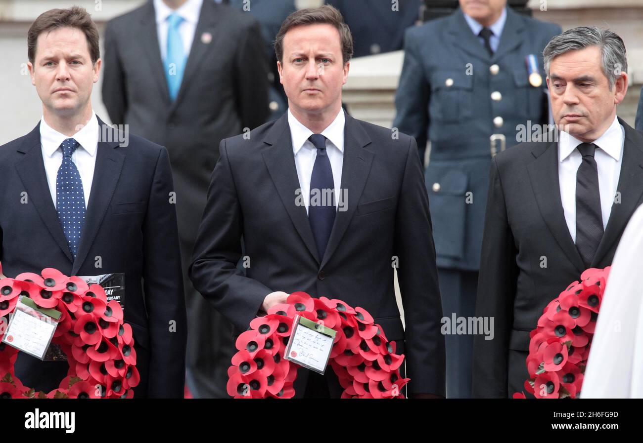 David Cameron, Nick Clegg and Gordon Brown pictured together during VE ...