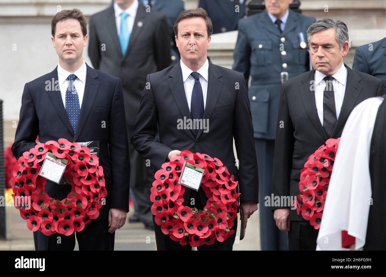David Cameron, Nick Clegg and Gordon Brown pictured together during VE ...