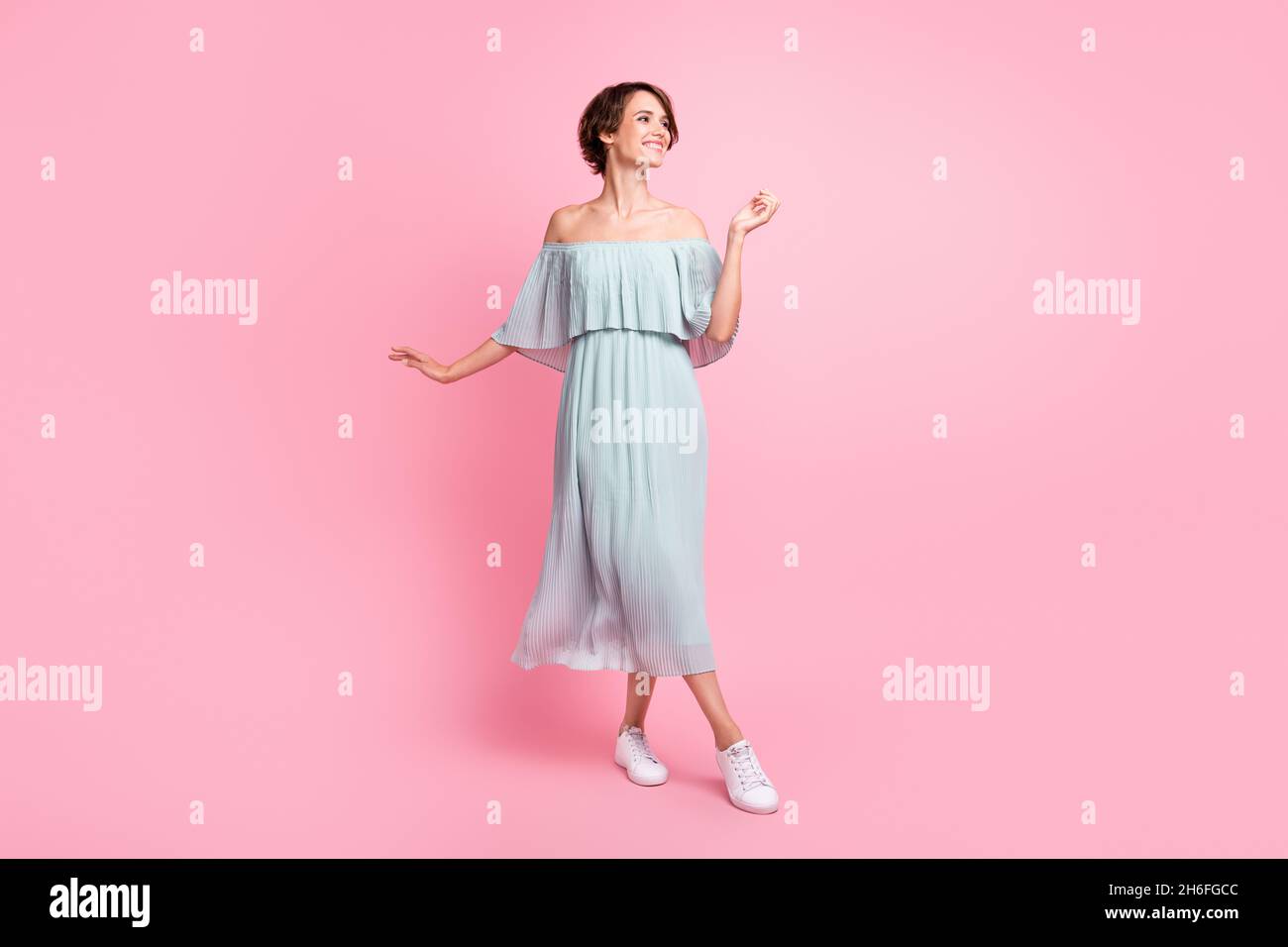 Full length photo of young girl happy positive smile have fun enjoy ...