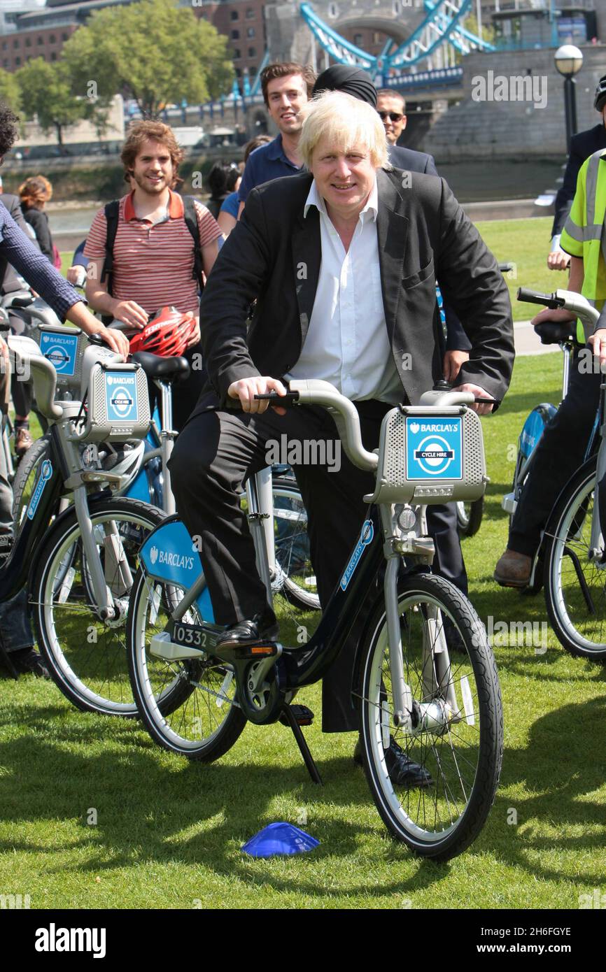 Mayor of London Boris Johnson rides a Barclays Cycle Hire bike at a ...