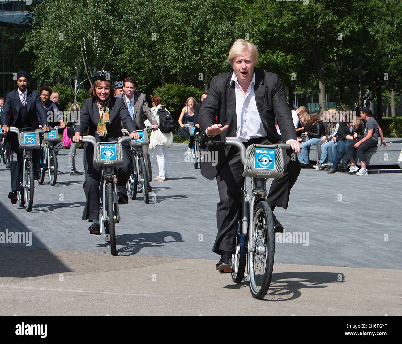 Mayor of London Boris Johnson rides a Barclays Cycle Hire bike with ...