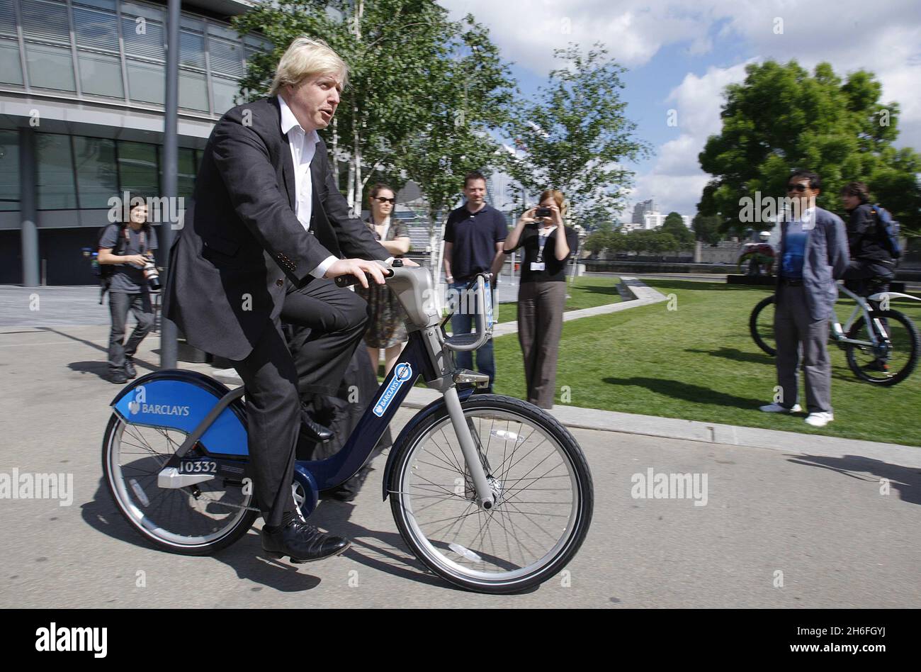 Mayor of London Boris Johnson rides a Barclays Cycle Hire bike at a ...