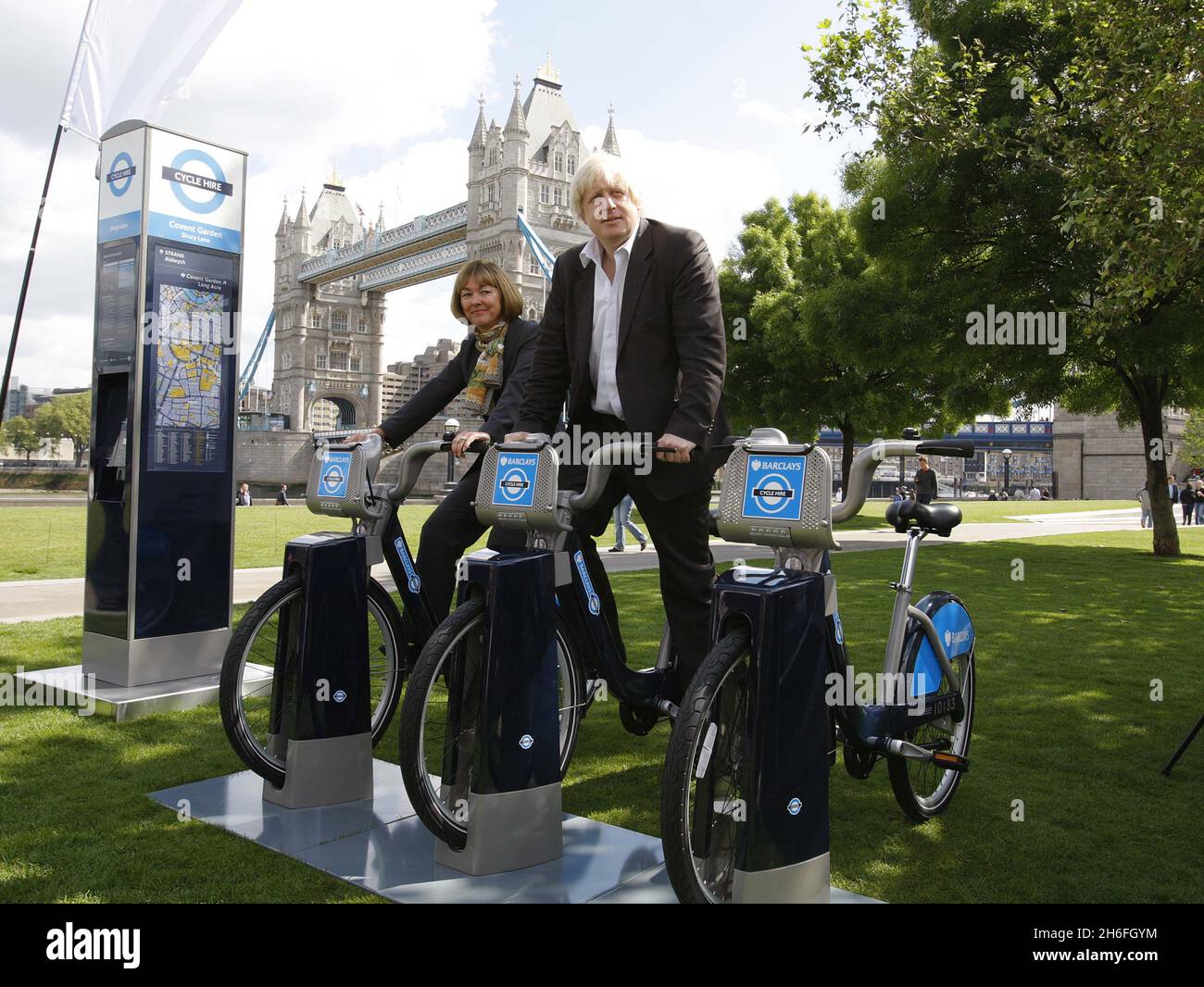 Mayor of London Boris Johnson rides a Barclays Cycle Hire bike with ...