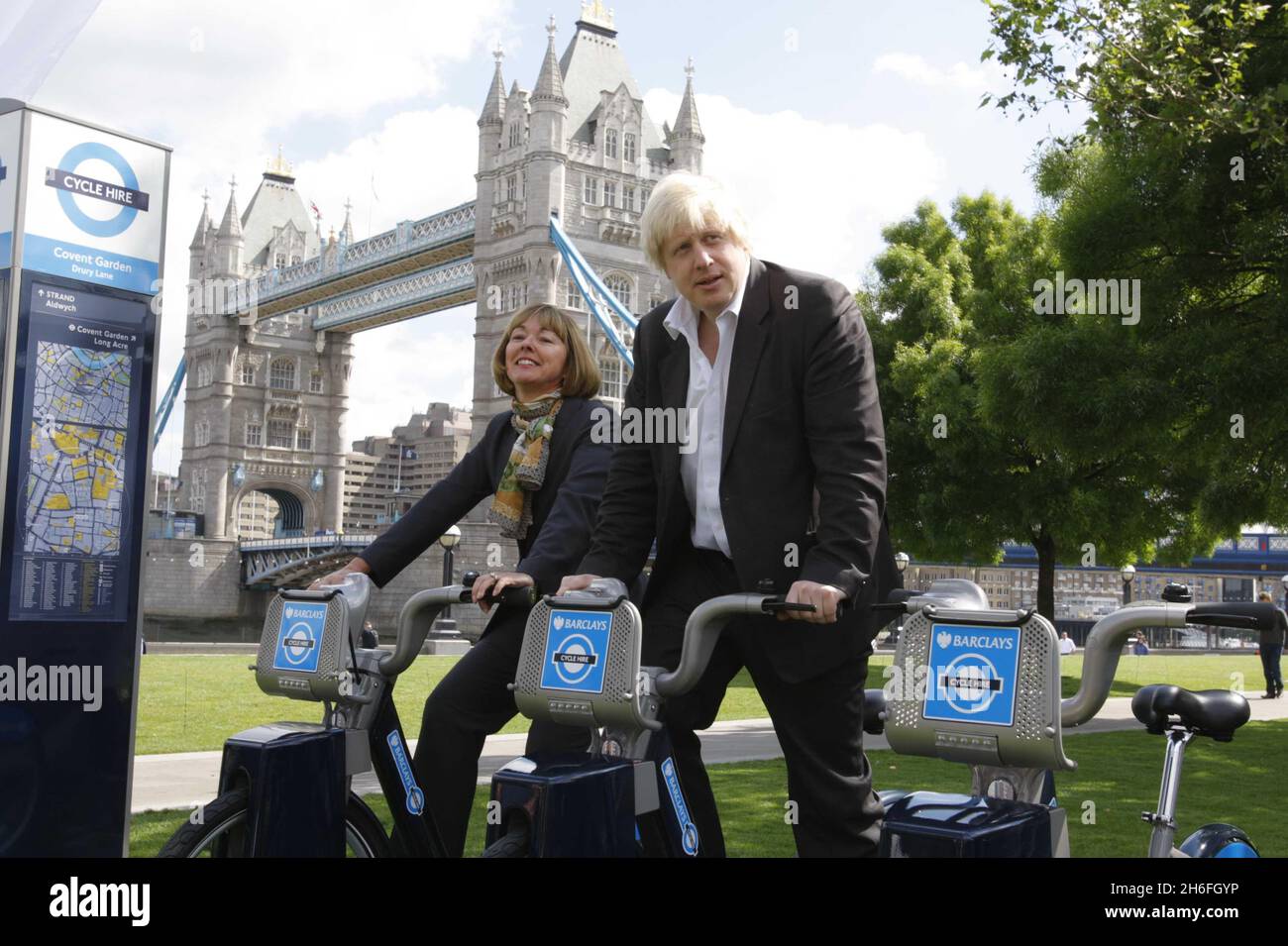 Mayor of London Boris Johnson rides a Barclays Cycle Hire bike with ...