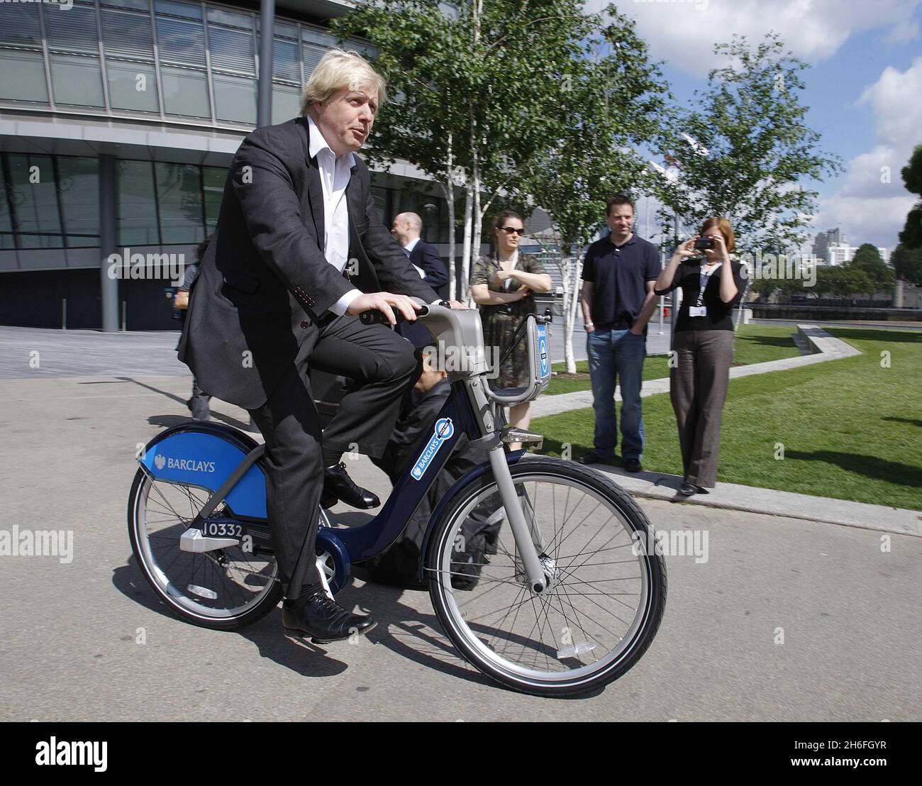 Mayor of London Boris Johnson rides a Barclays Cycle Hire bike at a ...