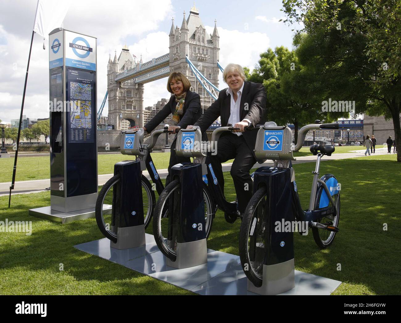 Mayor of London Boris Johnson rides a Barclays Cycle Hire bike with ...