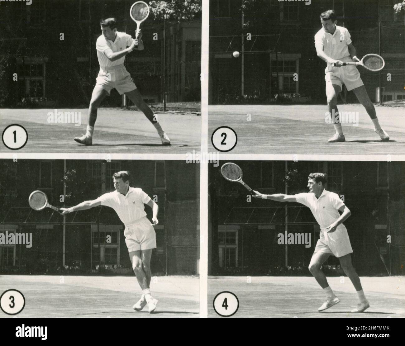 American tennis player Hamilton Richardson demonstrating a backhand ...