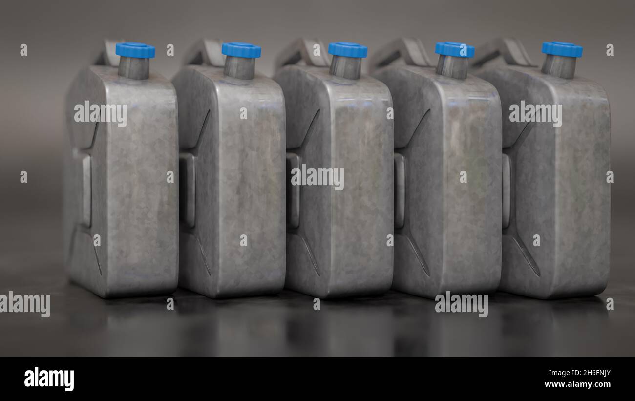 3D rendering of typical petrol cans on gray background Stock Photo - Alamy