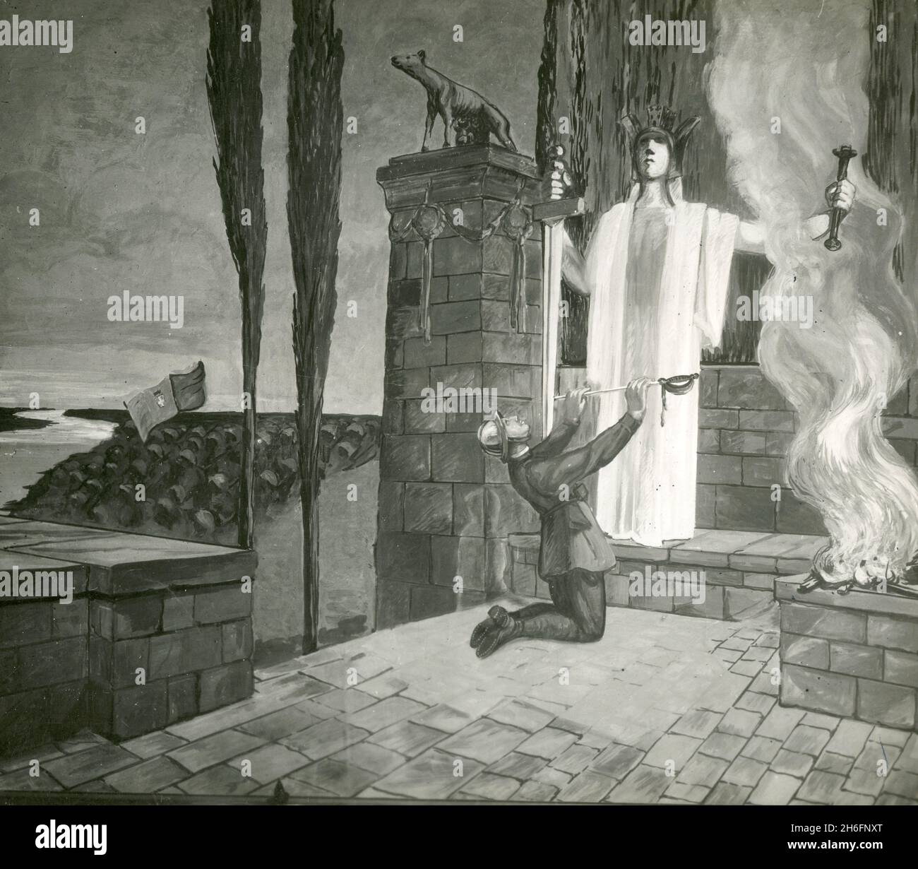 Fascist symbolic painting: A soldier offers his sword to a Roman ...