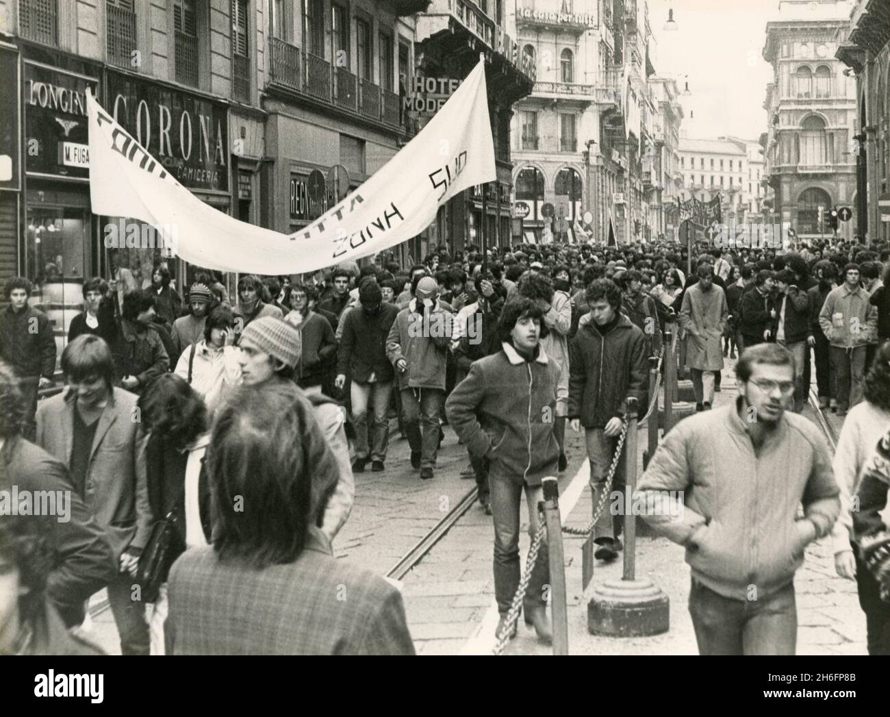 Demonstration in the streets of the center of Milan, Italy 1970s Stock ...