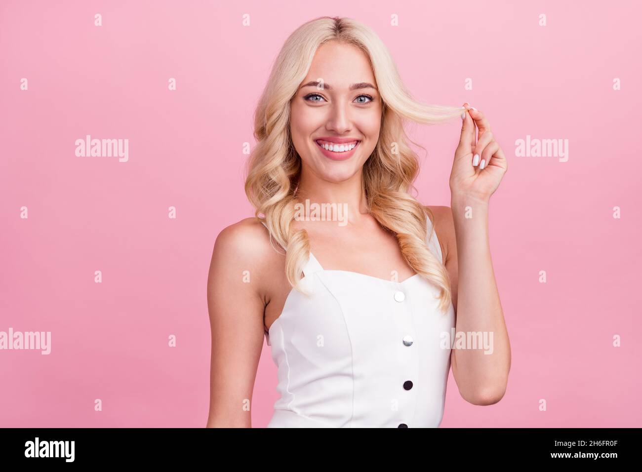 Photo of young attractive girl happy positive smile hold tail haircare ...