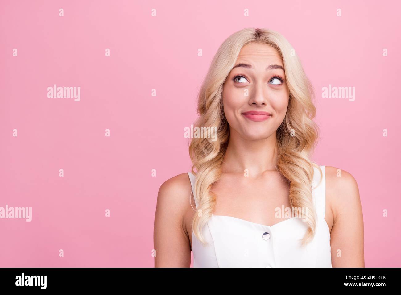 Photo of young attractive girl happy positive smile dream curious look ...