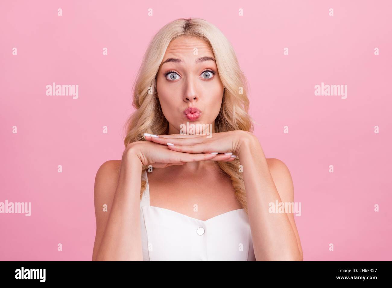 Photo of young attractive girl happy positive smile hands touch chin ...