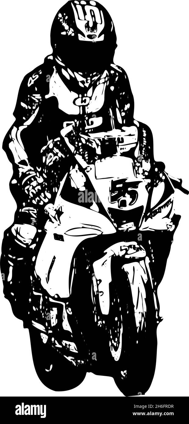 Motorcyclist at sport bike rides by empty asphalt road. sport bike ...