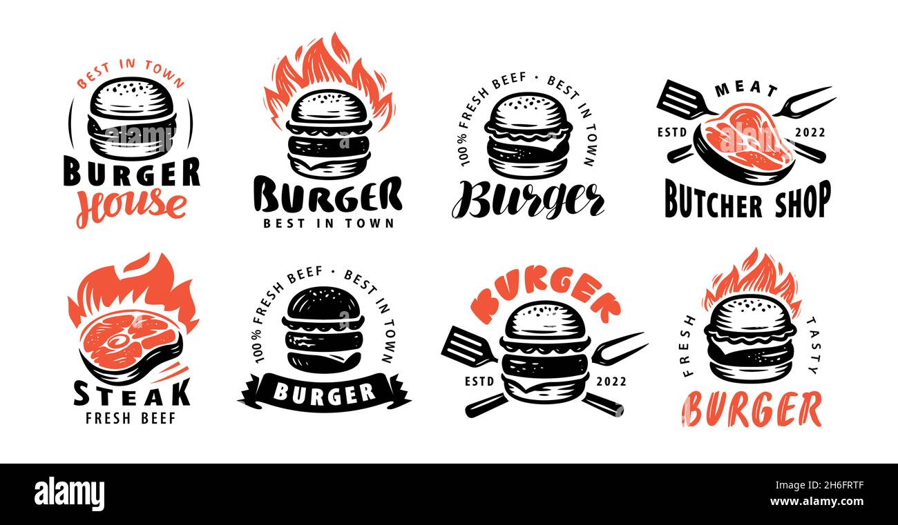 Set food emblems. Burger, meat steak. Design elements for logo, label ...