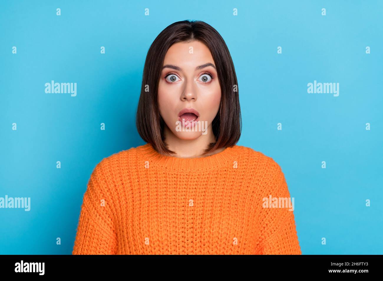 Portrait of attractive amazed girl sudden incredible news reaction wow ...