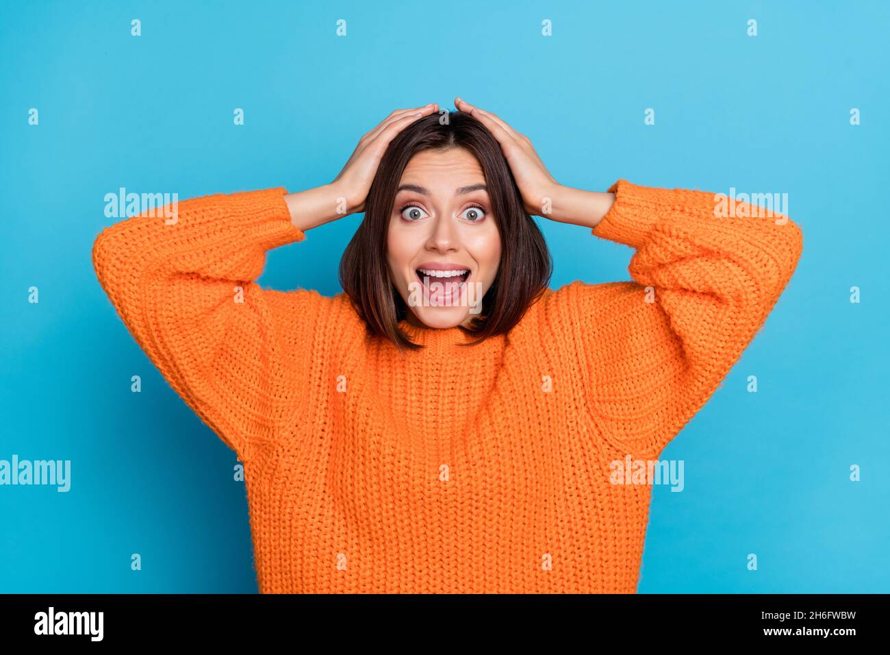 Portrait of attractive amazed cheerful girl sudden funny great news ...
