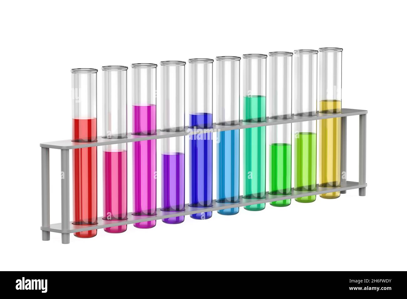 Test tubes with colorful liquids in a rack on white background Stock ...