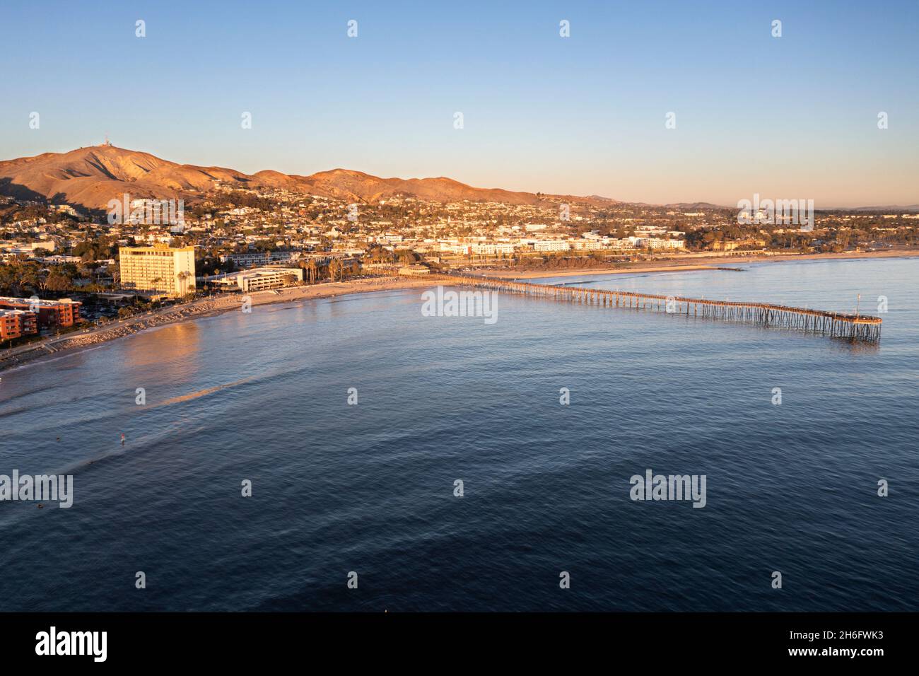 Aerial view of Ventura Pier along the Pacific coast of Southern ...